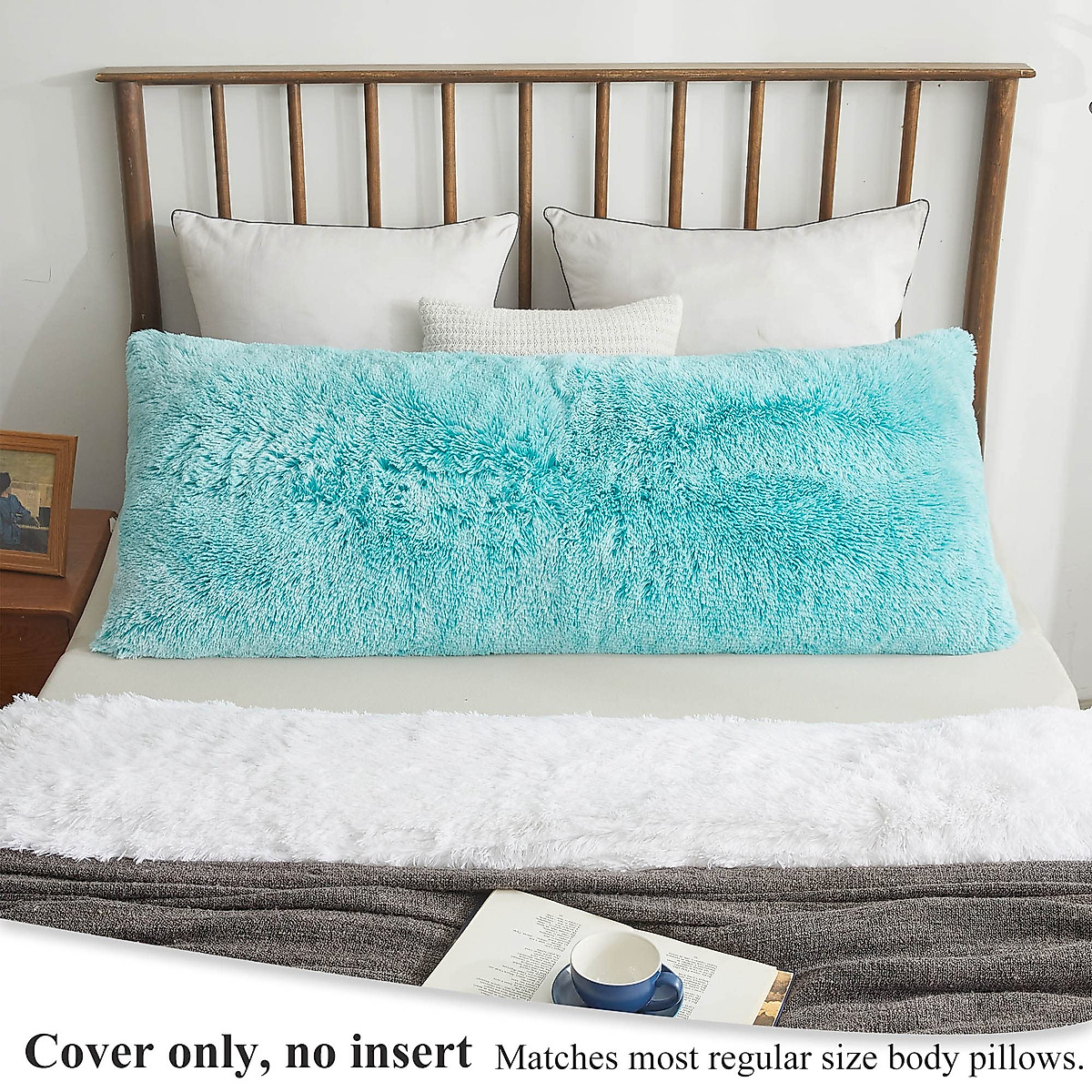 XeGe Cozy 20x54 Long Furry Body Pillow Sham, Plush Fuzzy Faux Fur Body Pillowcase with Zipper, Rectangular Fluffy Pillow Cover for Pregnant Women Side Sleeper, Shaggy Bedding Pillow Aqua Ombre