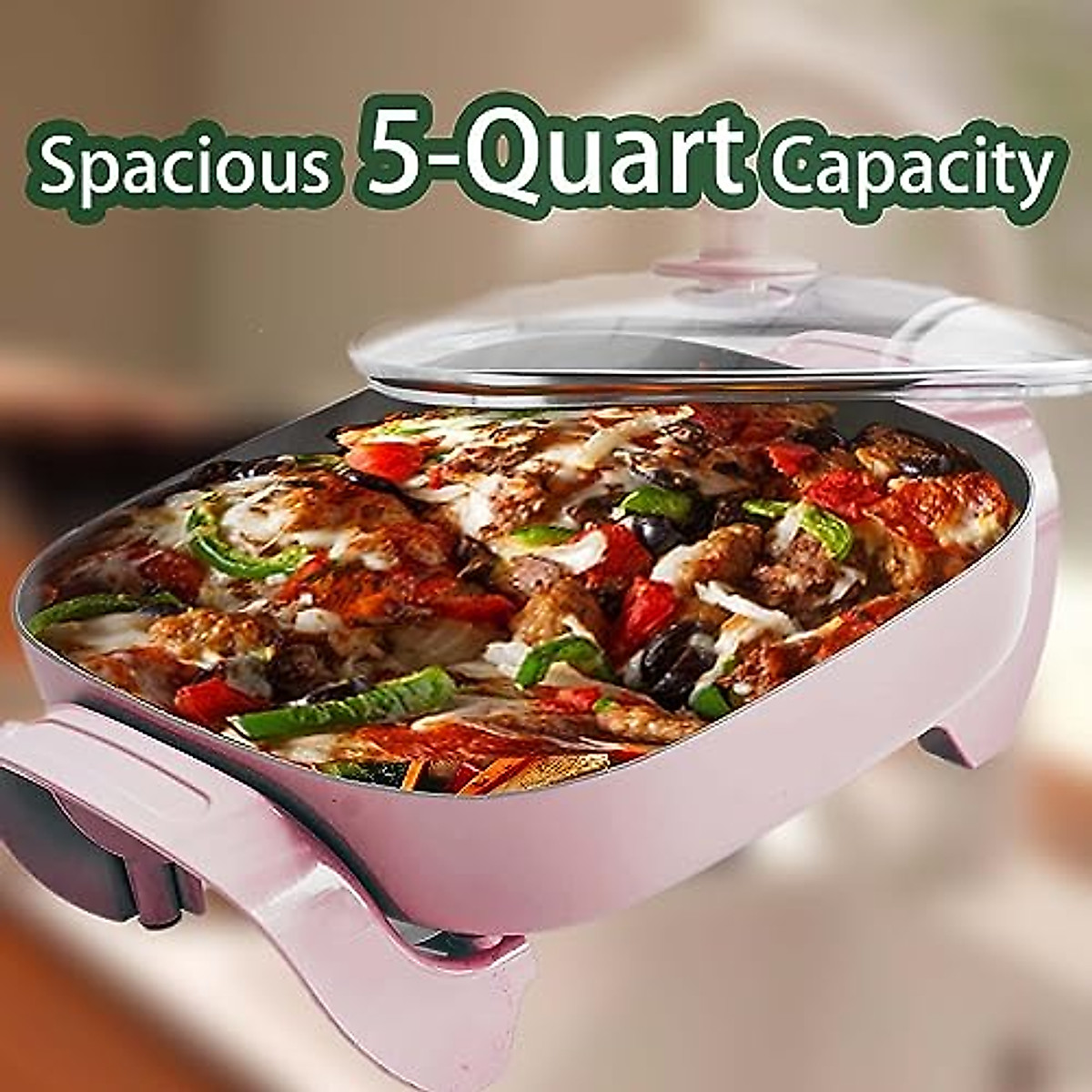 5QT Electric Skillet Nonstick with Glass Lid - 12" Ceramic Electric Fry Pan, Adjustable Temperature Control, Dishwasher Safe(Pink)