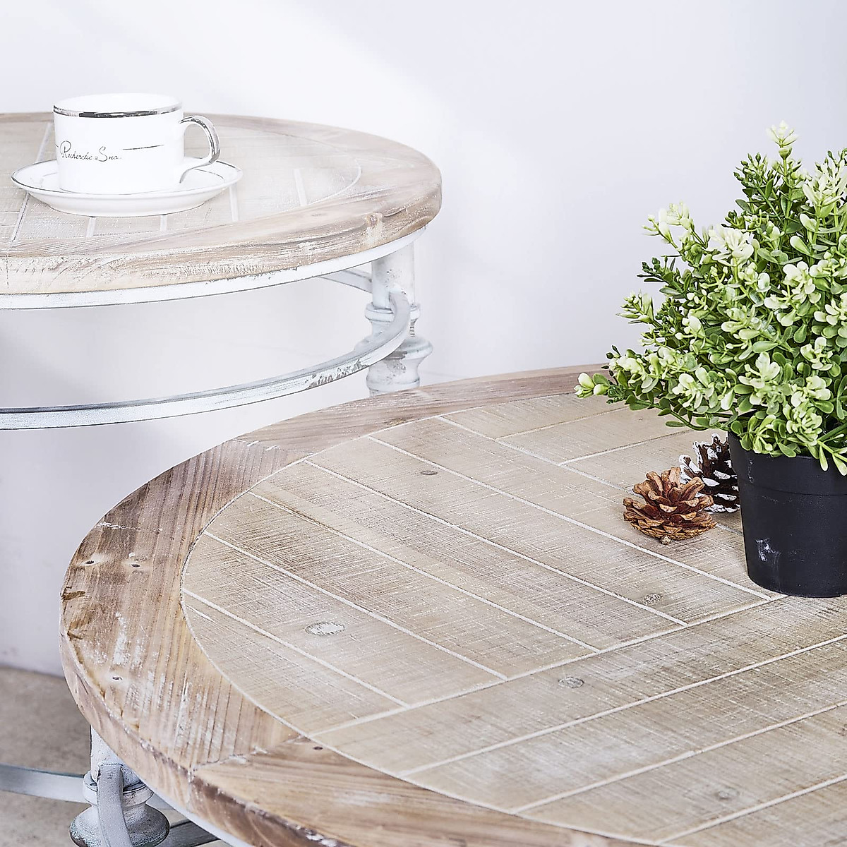 TIMBERMAVEN Rustic Farmhouse Round Coffee Table, French Country Vintage Center Table,φ31.5'' x18.9''H Rustic Solid Wood with Vintage Iron Legs, for Living Room, Bedroom,Dinning Room, White