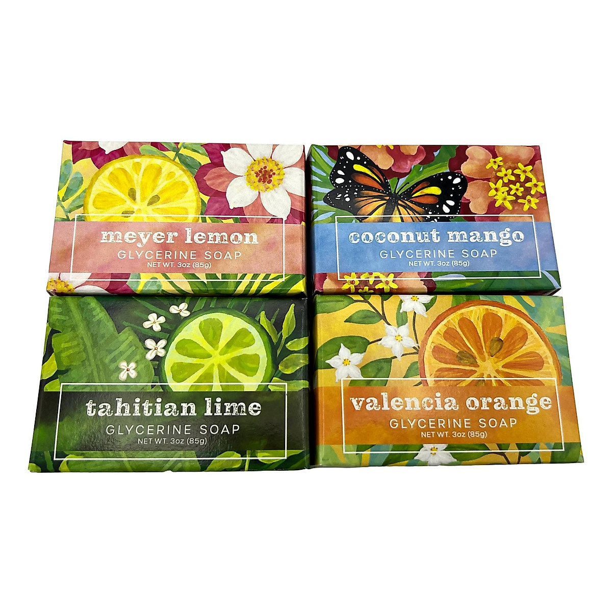 Greenwich Bay Trading Co., Fresh Fruit Collection, Set of 4 Glycerine Bar Soaps, 3 Oz. Each - Coconut Mango, Meyer Lemon, Tahitian Lime and Valencia Orange