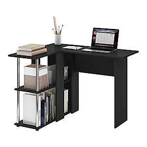 Furinno Abbott L-Shape Desk with Bookshelf, Americano/Chrome