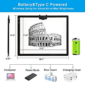 A3 Light Pad, TOHETO Wireless Battery Powered Light Box 3 Colors Stepless Dimmable and 6 Levels of Brightness Light Board for Tracing, Rechargeable LED Copy Board for Diamond Painting, Sketching