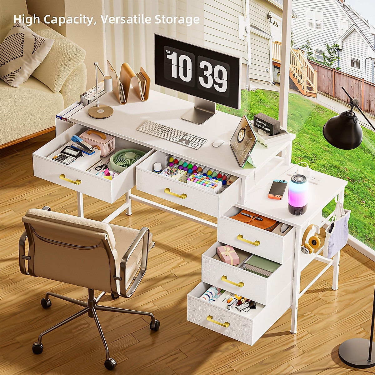 YILQQPER Vanity Desk without Mirror, Makeup Vanity with 5 Fabric Drawers, White Vanity Desk Dressing Vanity Table with Charging Station, 50 Inch Large Girl Vanity, Desk Make Up Vanity for Girls, White