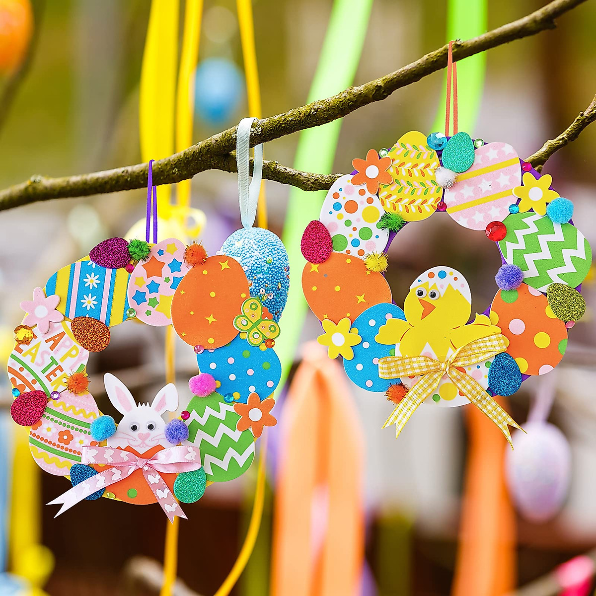 12 Sets Easter Wreath Signs Decorations DIY Foam Easter Craft Kits Easter Eggs Bunny Chick Foam Stickers Pom-Poms Googly Eyes for Kids Classroom Home Activity Art Project Gift Easter Front Door Décor