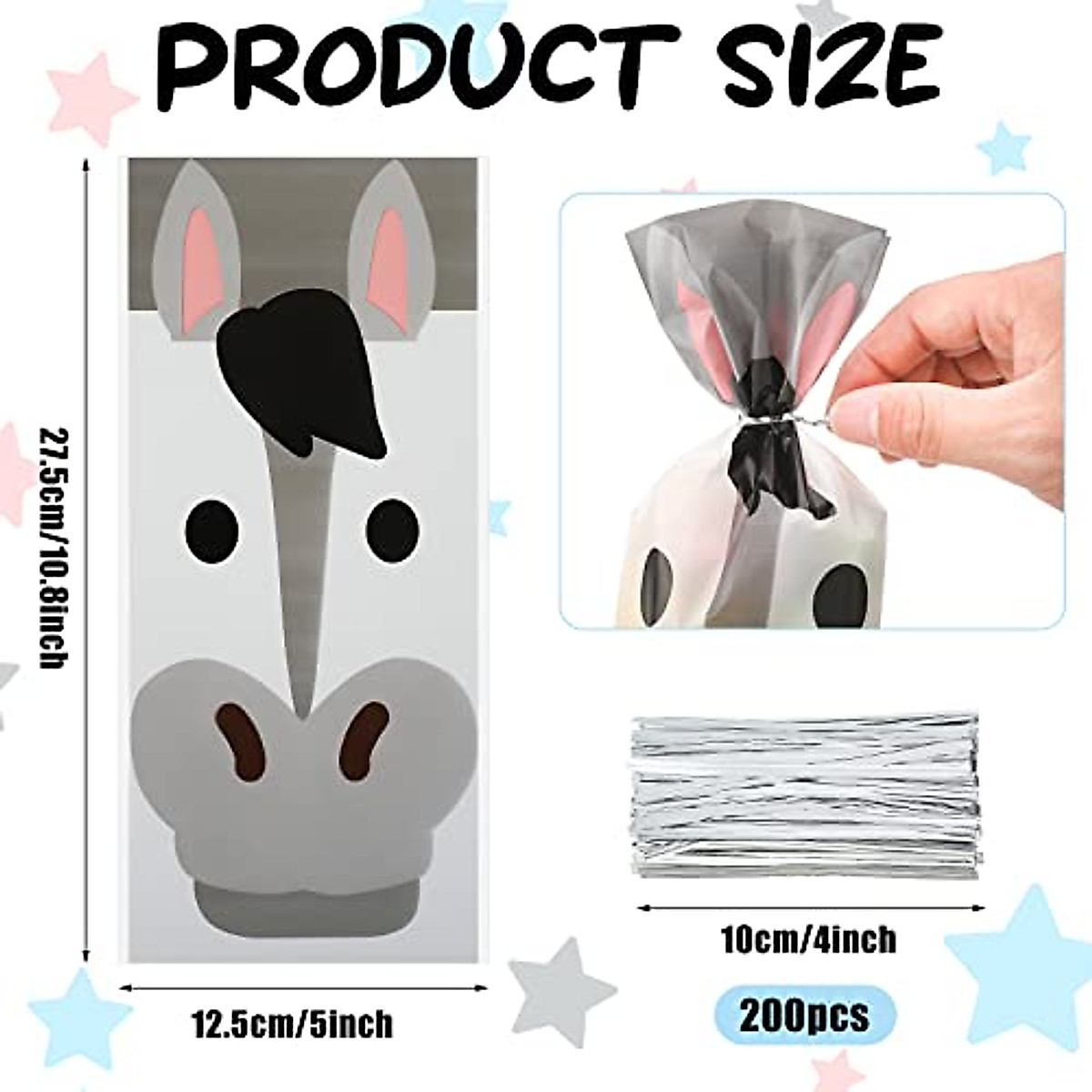 150 Pcs Horse Party Favor Bags Horse Candy Treat Bags Cellophane Bags Party Goody Favors with 200 Silver Twist Ties for Horse Party Favors Western Cowboy, Cowgirl and Farm Birthday Party Supplies