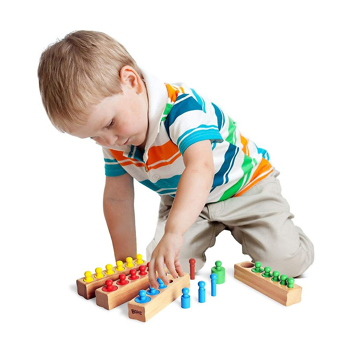 BOHS Montessori Knobbed Cylinders Blocks - 6 Pegs / 6.7 Inches - Colorful Wooden Early Home School Toys - 4pcs Set
