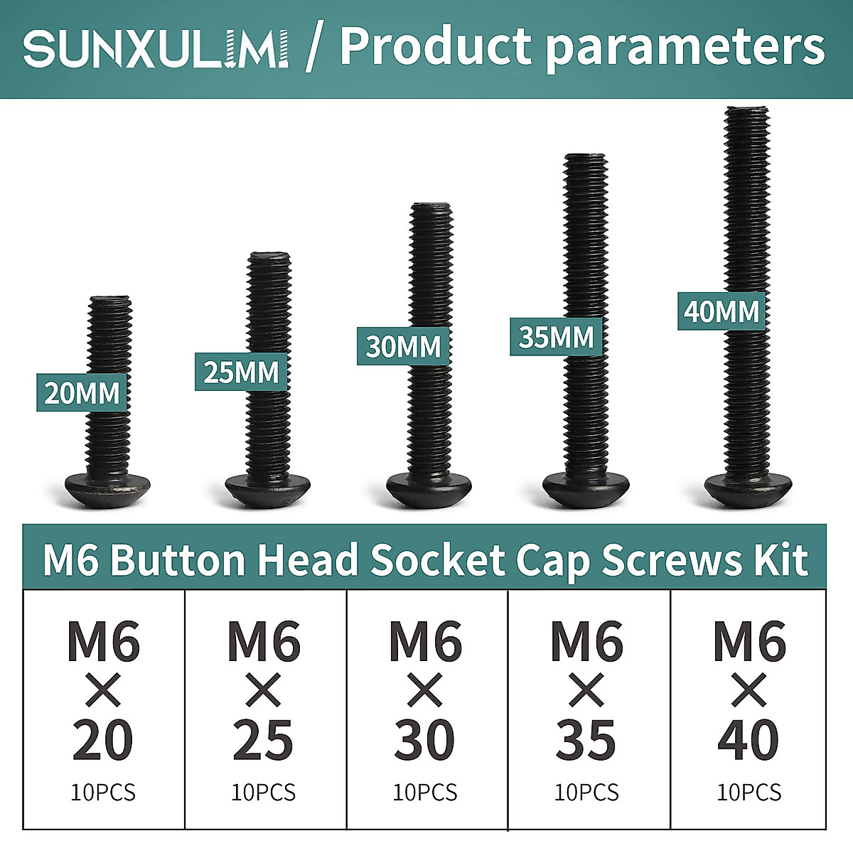 M6 x 20mm 25mm 30mm 35mm 40mm Button Head Socket Cap Screws Bolts, 10.9 Grade Alloy Steel, Metric Allen Hex Drive, Black Oxide Finish, Fully Threaded, Assortment Kit 50PCS