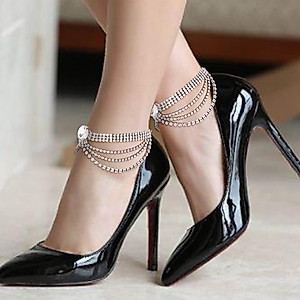 ELABEST Rhinestone Ankle Bracelets Crystal Tassel Anklet 2pcs Boho High-heeled Tennis Foot Chain Wedding Jewelry Accessories for Women (Silver)