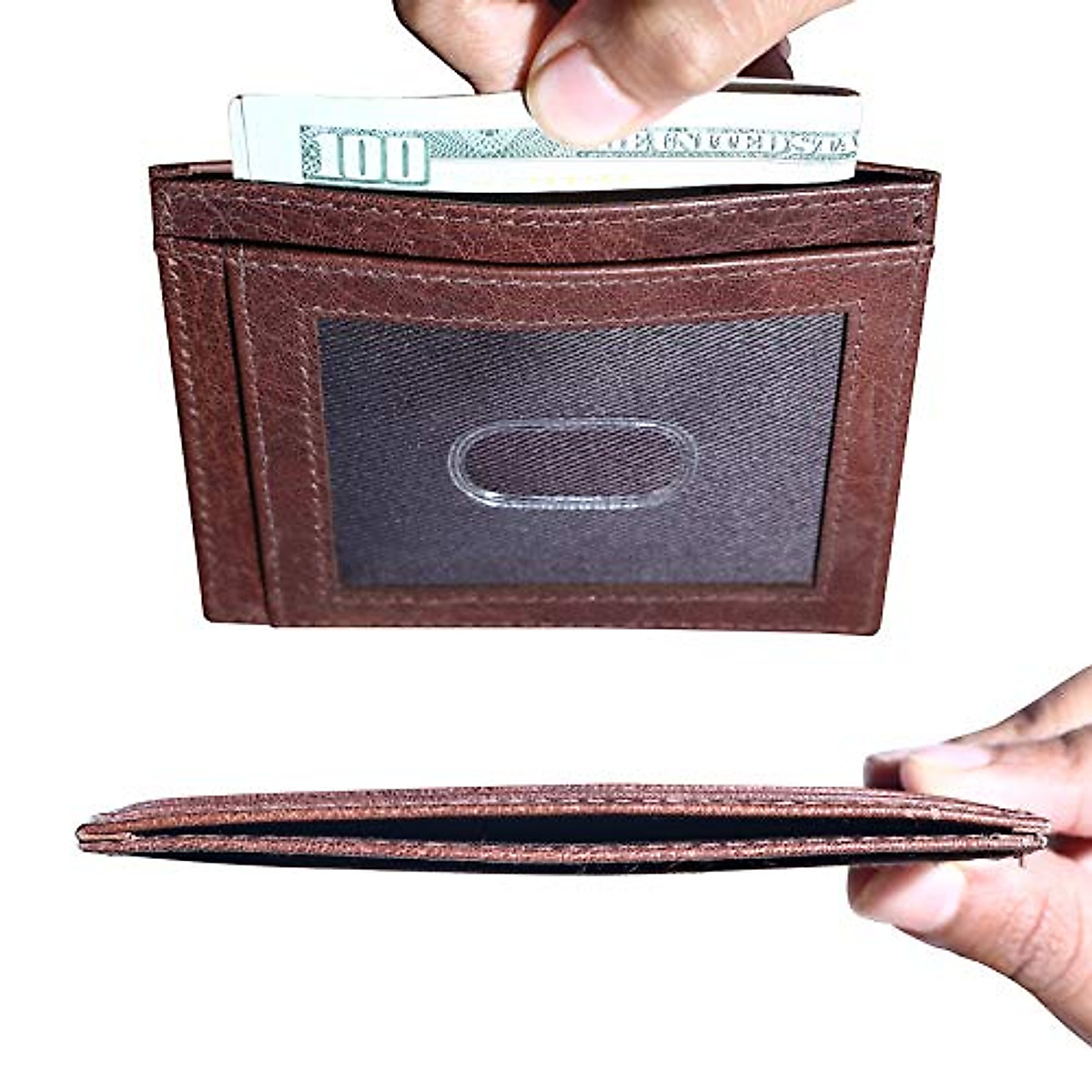 REAGO Handcrafted Front Pocket Small Slim RFID Crumpled Leather Wallet for Men Women, Credit Card Holder, Strong Stitching, Slip Pocket, ID Window, Minimalist Design, Chemical Free, Ideal Gift