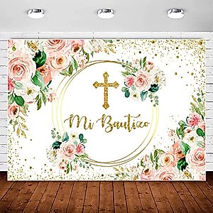 Pink Mi Bautizo Backdrop God Bless Baptism First Holy Communion Party Decorations for Girl Angel Watercolor Floral Glitter Gold Cross Background Christening Newborn Baby Shower Photo Booth Props 7x5ft