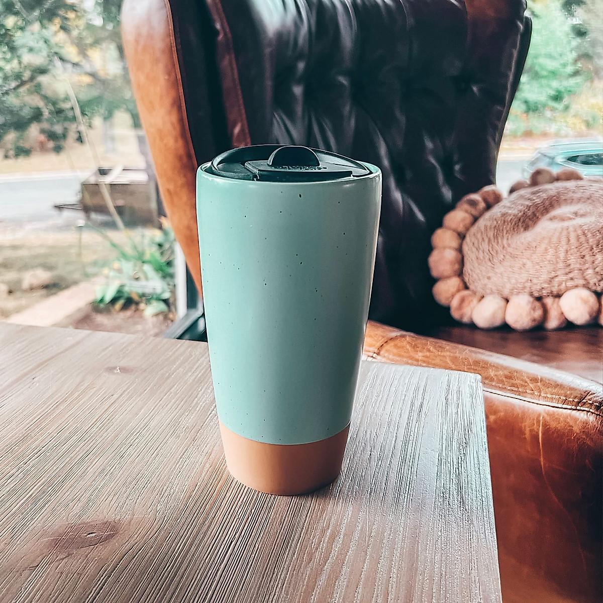 Mora Double Wall Ceramic Coffee Travel Mug with Lid, 14 oz, Portable, Microwave, Dishwasher Safe, Insulated Reusable Tall Cup, Splash Resistant Lid - To Go Tumbler for Car Cup Holder, Seafoam