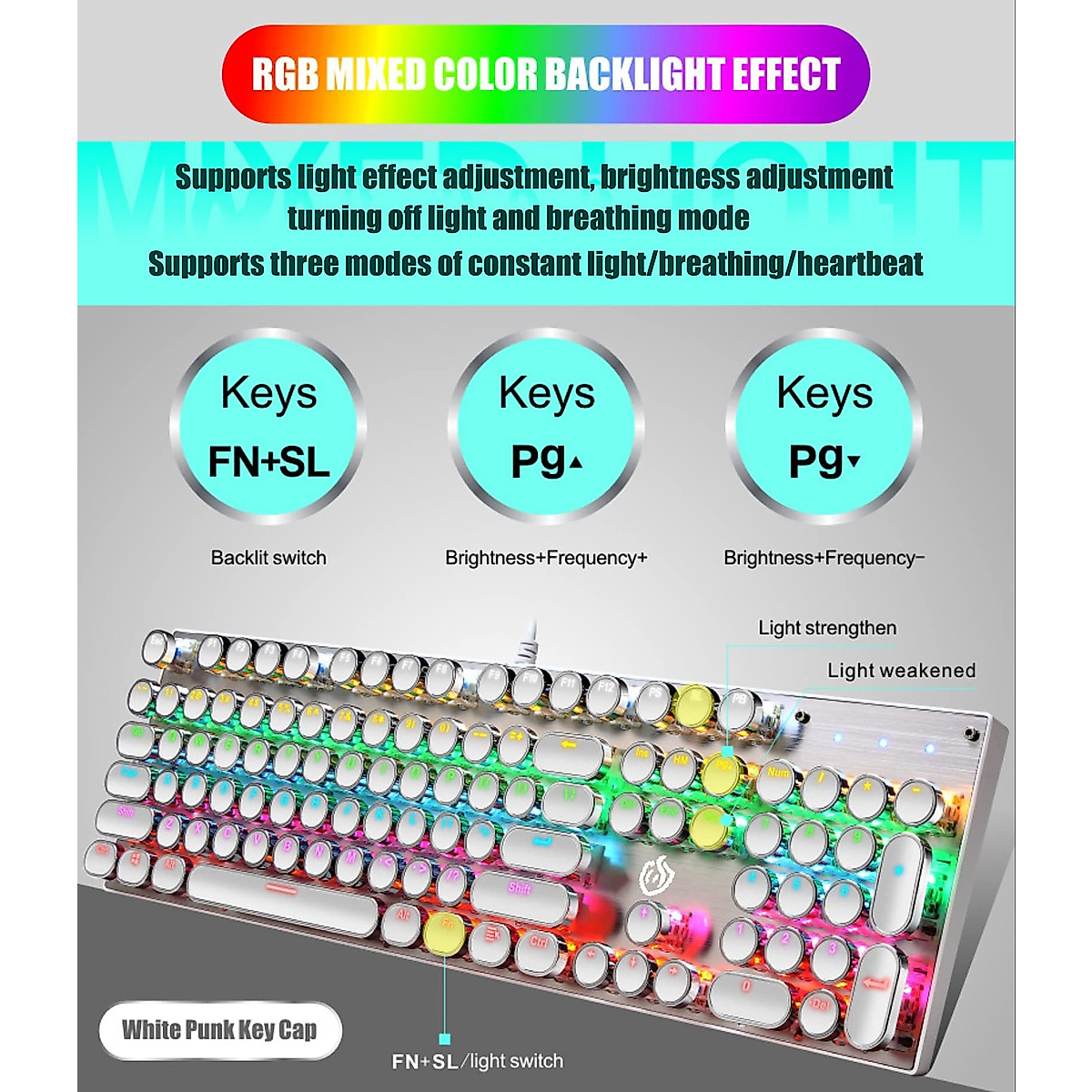 YSCP Typewriter Style Mechanical Gaming Keyboard LED Backlit Wired with Blue Switch Retro Round Keycap 104 Keys Keyboard (White 104 Keys LED)