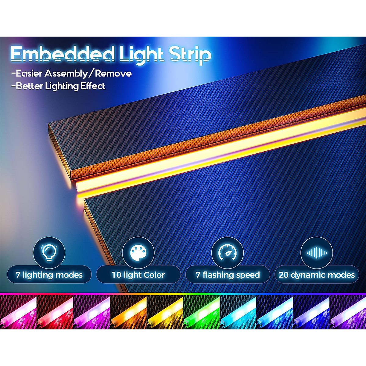 MOTPK L Shaped Gaming Desk with Led Lights, 55 Inch Gaming Computer Desk with Carbon Fiber Texture, Pc Gaming Table with Power Outlet and Headphone Hook, L Desk for Gaming, Black