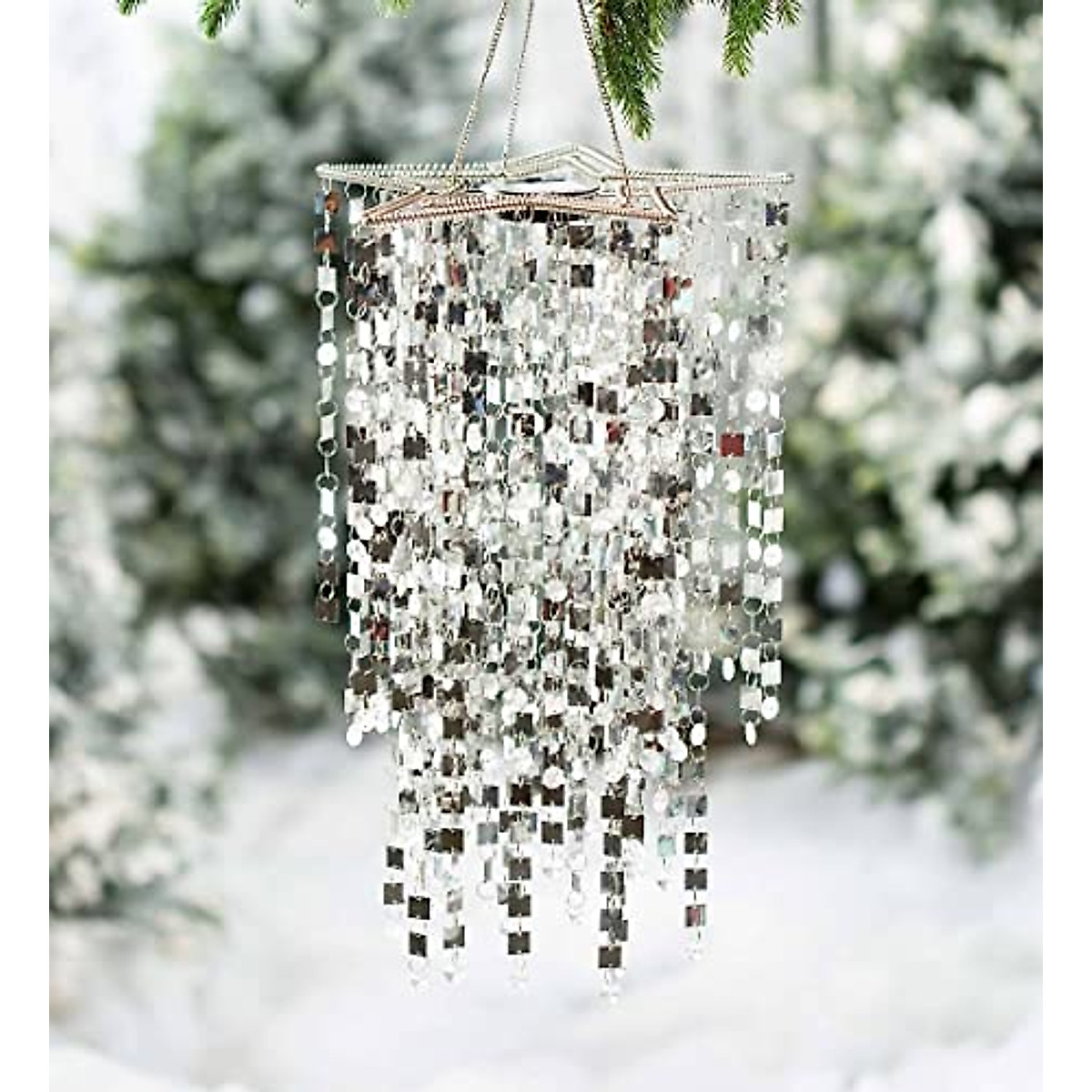 Wind & Weather 12-Inch Diameter by 29.5-Inch High Star-Shaped Mirrored Outdoor Chandelier with Solar Lights Powered by Discreet Solar Panel in Top with 9-Inch Long Hanging Chain Included