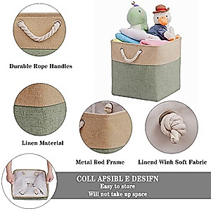 Extra Large Cube Storage Baskets (13 × 13 × 13 inches), Canvas Fabric Storage Boxes with Cotton Handles for Cupboards, Shelves, Clothes, Toys, Towel (Large, Green)