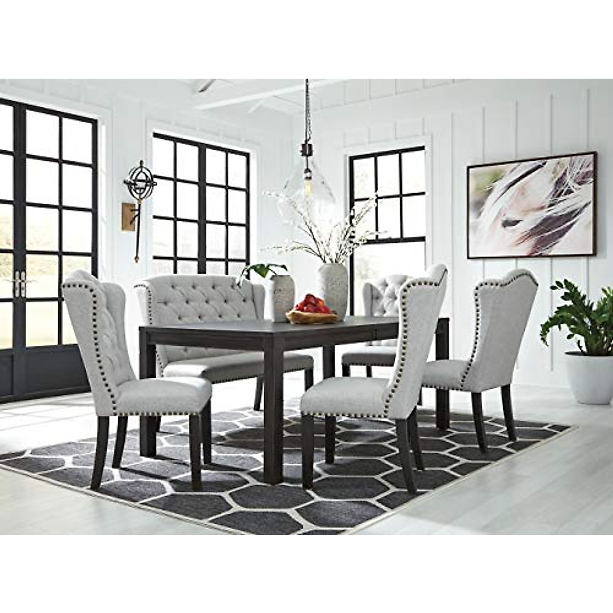 Signature Design by Ashley Jeanette Casual Tufted Back Dining Bench or Sette with Nailhead Trim, Gray
