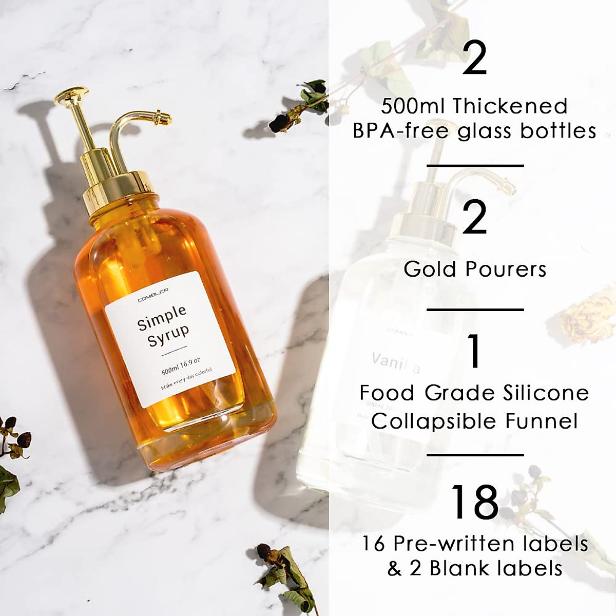 Combler Coffee Syrup Dispenser for Coffee Bar Accessories, 16.9oz 500ml Syrup Bottles 2pcs Set, Glass Syrup Dispenser w. Gold Pumps and Labels, Coffee Accessories for Cinnamon, Vanilla, Caramel, Gifts