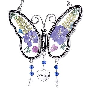 Laraine Butterfly Suncatcher with Pressed Colourful Flower Wings Mom Mother's Day Butterfly Glass Wind Chime Ornament Charm with Metal Heart Gifts for Mom Grandma Birthday (Purple Grandma)