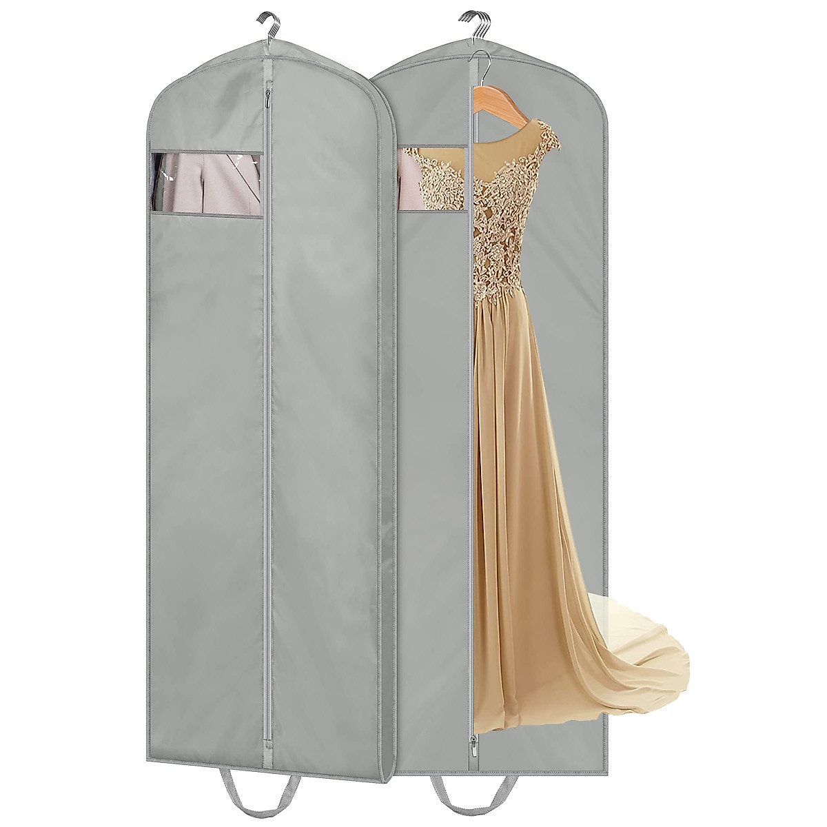 MISSLO 65" Long Garment Bags for Travel Dress Bags Wedding Dress Cover Waterproof Clothing Bags Storage Traveling Clothes Protector for Closet Wardrobe Bags 2 Packs for Gowns, Tuxedos, Coats, Gray