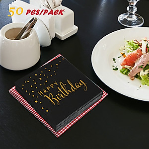 DYLIVeS Happy Birthday Napkins, Black and Gold Foil Dots Napkins Disposable Paper Napkins for Dinner Picnic Cocktail Birthday Party Supplies Decorations for Boy Man, 6.5 x 6.5 Inch (Pack of 50)