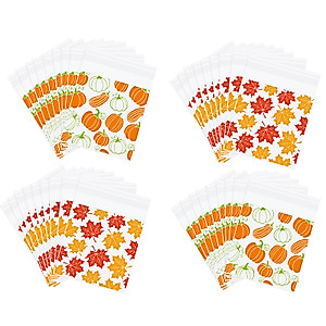 JarThenaAMCS 320Pcs Fall Self Adhesive Treat Bags Pumpkin Maple Leaves Cellophane Bags Clear Candy Bags Plastic Goodie Bags for Autumn Harvest Party Gift Snack Wrapping Supplies