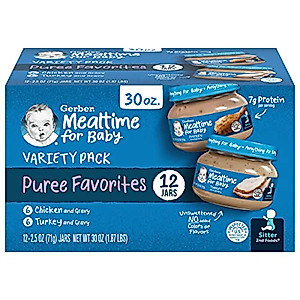 Gerber Baby Foods 2nd Foods Meat Variety Pack, Chicken & Turkey, Mealtime for Baby, 2.5 Ounce Jar (Pack of 12)