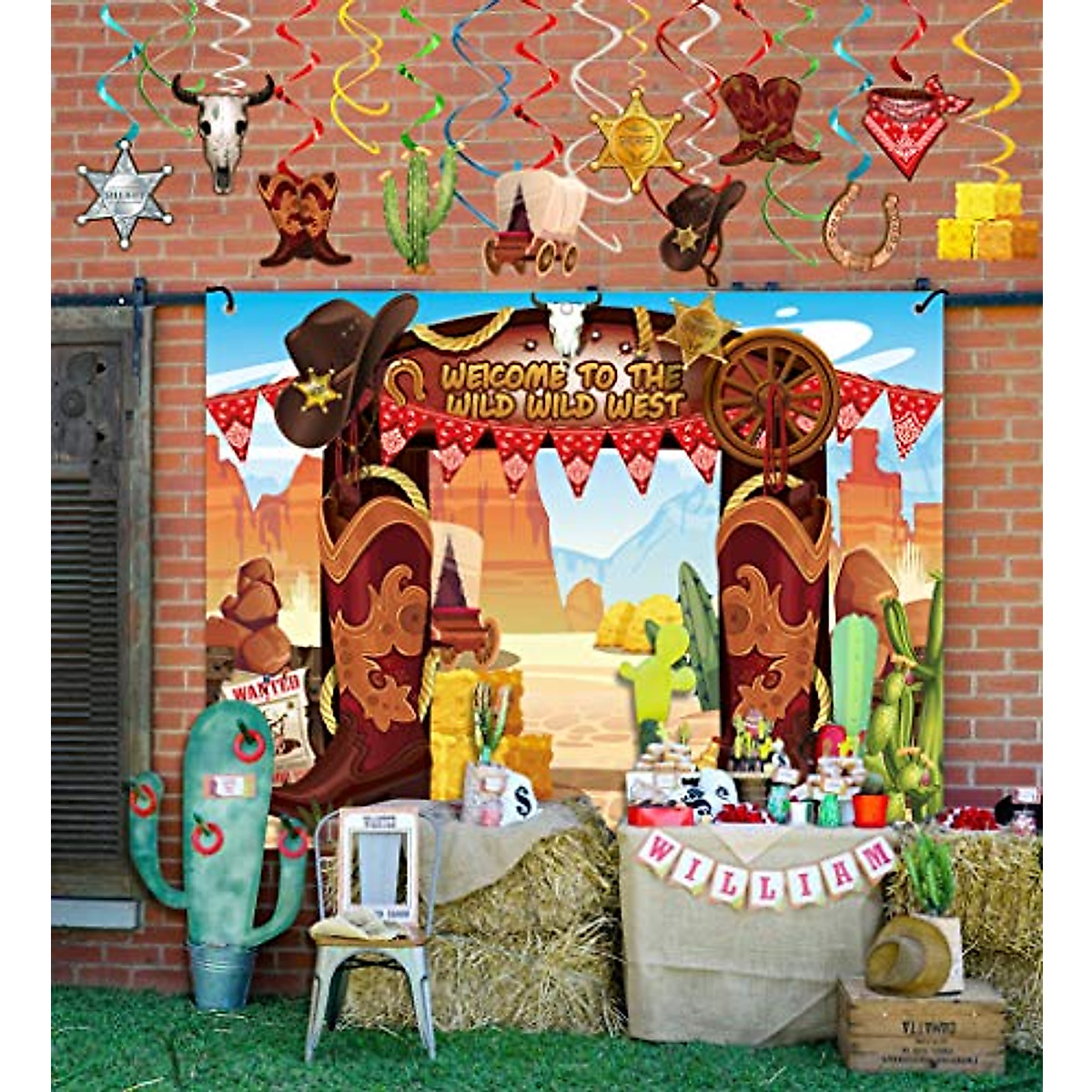 TMCCE Western Cowboy Party Decoration Wild West Cowboy Western Photography Backdrop Background and Western Cowboy Theme Hanging Swirls Foil Swirls
