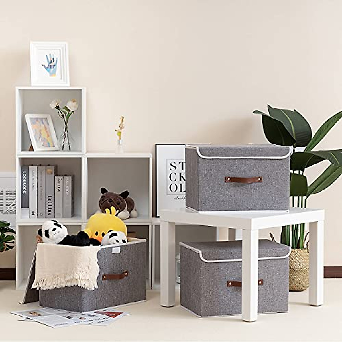 Yawinhe Collapsible Storage Boxes 1 Pack, Linen Fabric Storage Baskets Washable, with Lids and Leather Handle, for Home Bedroom Closet Office, (Grey, 15.0x9.8x9.8in), USNK024GL-1
