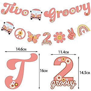 11Pcs Groovy Party Decorations, 2Pcs Two Groovy Banner 1PC Cake Toppers 8Pcs Hippie Party Cupcake Toppers Smile Daisy Flower Victory Peace Love Toppers for Baby Shower 2nd Birthday 70s Theme Boho