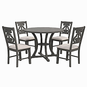 5 Piece Kitchen Table Set with Storage Shelf and Special-Shaped Legs, Retro Style Round Dining Table Set with Hollow Chair Back, Gray