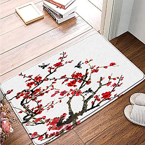 Red Floral Bath Mat Spring Blooming Cherry Blossom Flower Plum Asian Japanese Aesthetic Watercolor Traditional Weeping Branch Ink Scenery Memory Foam Bathroom Rug Indoor Carpet Doormat 24x16 Inch
