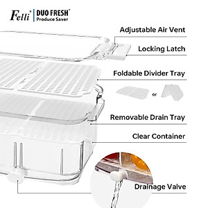 Felli Duo Fresh Produce Saver Container for Fridge + Vent, ALL IN ONE Fruit & Veggie Washing Basket with Drainer, Colander Tray | Kitchen Refrigerator Bin for Berry Vegetable Salad Keeper, Gifts