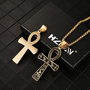 HZMAN Stainless Steel Large Ankh Cross Pendant Ancient Egyptian Hieroglyphic Symbol 22+2 Inch Chain (Gold-Small)