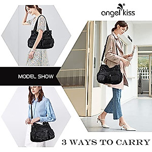 Angelkiss Women's Designer Handbag Large Double Zipper Multi Pocket Washed, Black