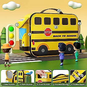 TIME4DEALS Lunch Box for Kid Boy Girl, 6 Compartments Lunch Container with Tableware Lunch Bag Set, 1330ML Ideal Portion Sizes Bento Box, Reusable Meal and Snack Packing Leakproof (Yellow School Bus)