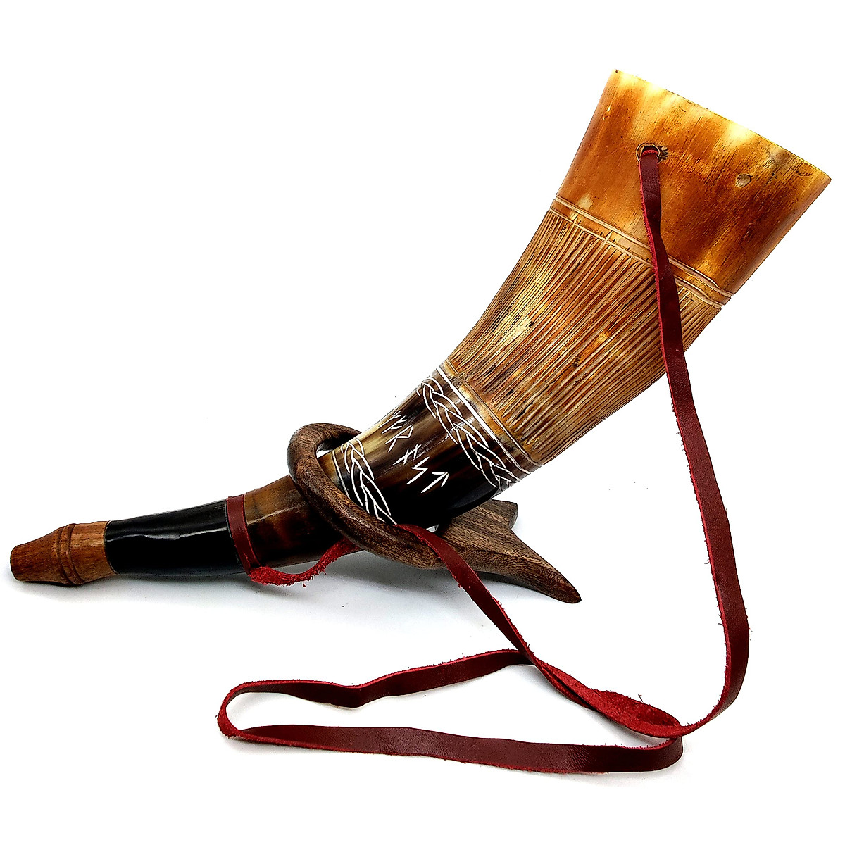 Viking War Horn - 16" Genuine Ox-Horn Battle Trumpet - Premium Hand Engraved Blow Horn Viking Norse Cattle Ancient Horn Bugle -Bugle Hunting Tool BATTLE HORN | BLOWING HORN | VIKING HORN With stand