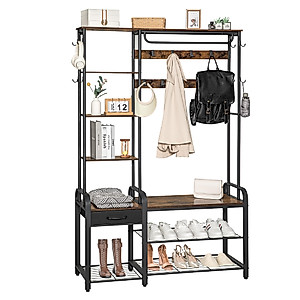 Hzuaneri Hall Tree, Coat Rack with 3-Tier Storage Bench and 1 Drawer, 5-in-1 Entryway Bench with 17 Hooks, 1 Hanging Rod, 4-Tier Side Shelves, Rustic Brown HT03501B