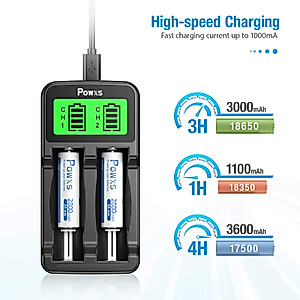 POWXS LCD Universal 18650 Battery Charger for 3.7V Li-ion Rechargeable Battery 18650 18490 18350 17670 17500 16340(RCR123) 14500 Lithium Batteries and Ni-MH Ni-CD Rechargeable AA AAA Batteries