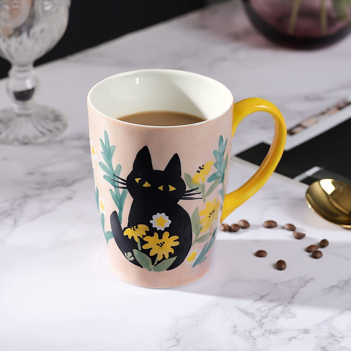 NymphFable Cat Mug Large Ceramic Coffee Mug with Handle 100% Hand Painted Christmas Gift 600ml/20oz