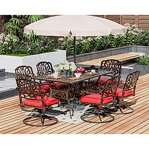 TITIMO Cast Aluminum 7-Piece Patio Dining Set with Cast-Top Table and Flower Swivel Rockers Chairs with Cushions, Outdoor Furniture Set for Backyard Porch Pool (Red)