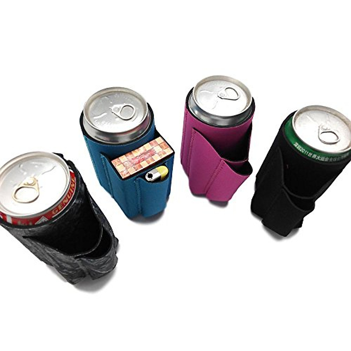 Beer Can Chuggie With Two Pockets, Holds Phone, Keys and Accessories, 3mm Thick Neoprene (Assorted, 4 Pack)