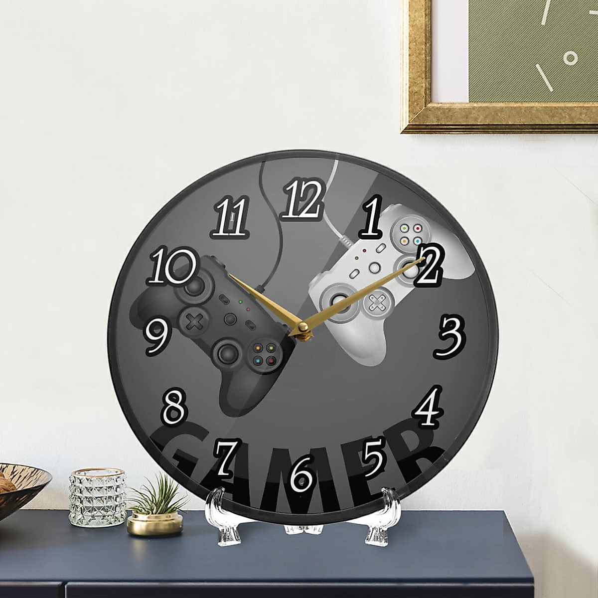 Two Realistic Game Joystick White and Black with a Text Gamer Wall Clock, Silent Non-Ticking Easy to Read Round Decorative Acrylic Wall Clock Art, for Living Room Home Office School 12 Inch
