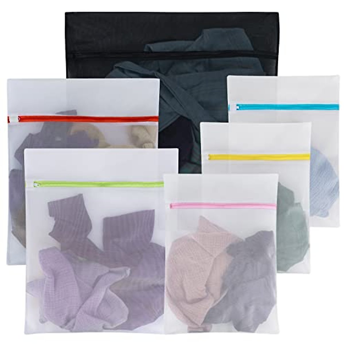 Zippered Mesh Laundry Bag - Various Sizes, Durable Breathable Material, Color Coding, Secure Zipper Closure (Set of 6)