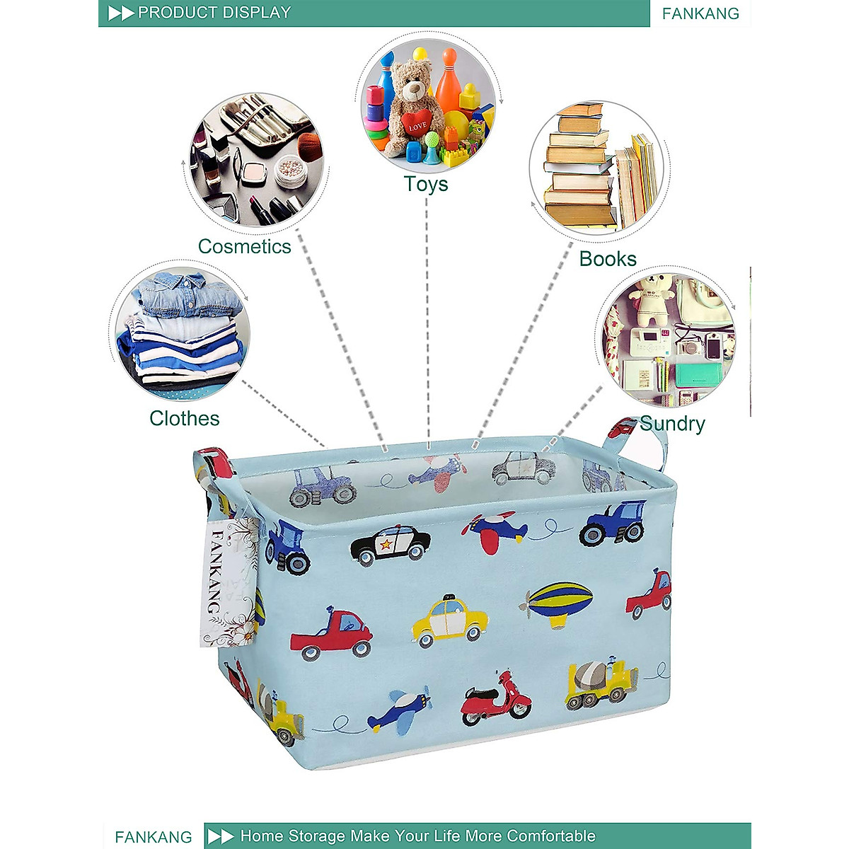 FANKANG Storage Basket,Nursery Hamper Canvas Laundry Basket Foldable with Waterproof PE Coating Storage, Office, Bedroom, Clothes,Toys (Rec-Car)