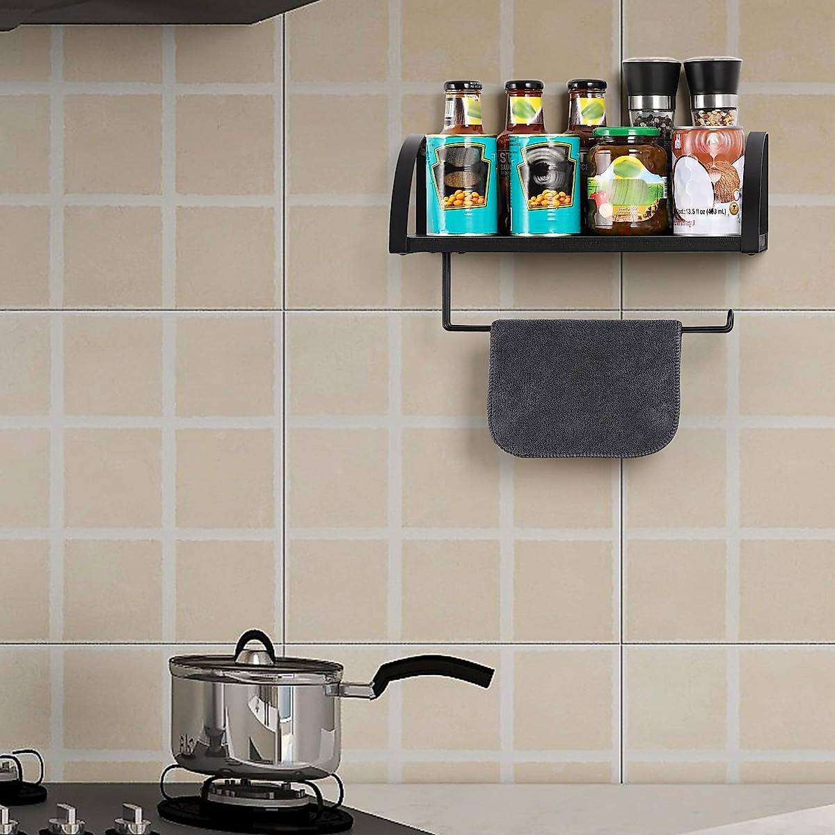 Paper Towel Holder Wall Mount with Shelf Industrial Pine Wood Paper Towel Roll Rack Under Cabinet Spice Rack for Kitchen Bathroom Hanging Paper Towel Holder - Matte Black