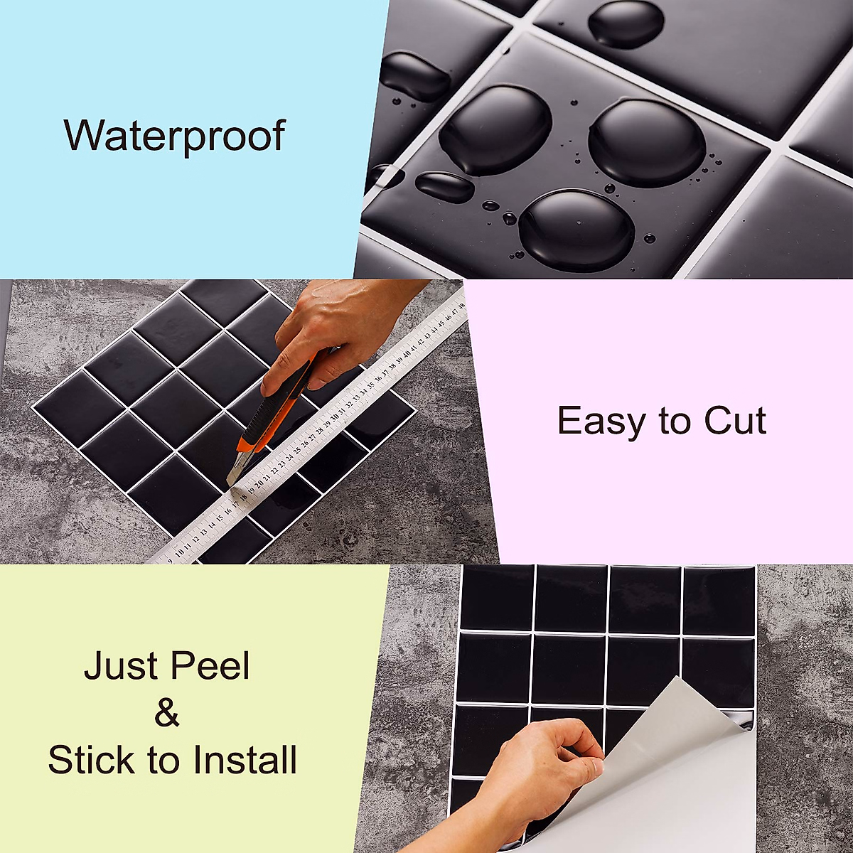 Ecoart Peel and Stick Wall Tile 10" X 10" Backsplash Stick On Kitchen Bathroom 16 Cells Square Brick Stick Tile Sticker(6 Sheets) (Black)