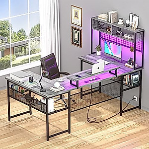 Unikito U Shaped Computer Desks with Hutch, 106 Inch Large Reversible L Shaped Office Desk with Power Outlets and LED Strip, U Shape Gaming Table with Monitor Stand and Storage Shelves, White Oak