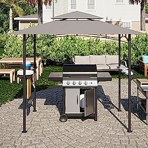 TRIPLE TREE 8 x 5 FT Grill Pergola Tent with Air Vent,Double Tiered Outdoor BBQ Gazebo with 2 Side Shelves,10 Hooks,Bottle Opener,Outdoor Barbecue Canopy for Patio,Garden,Beach,Backyard,Gray