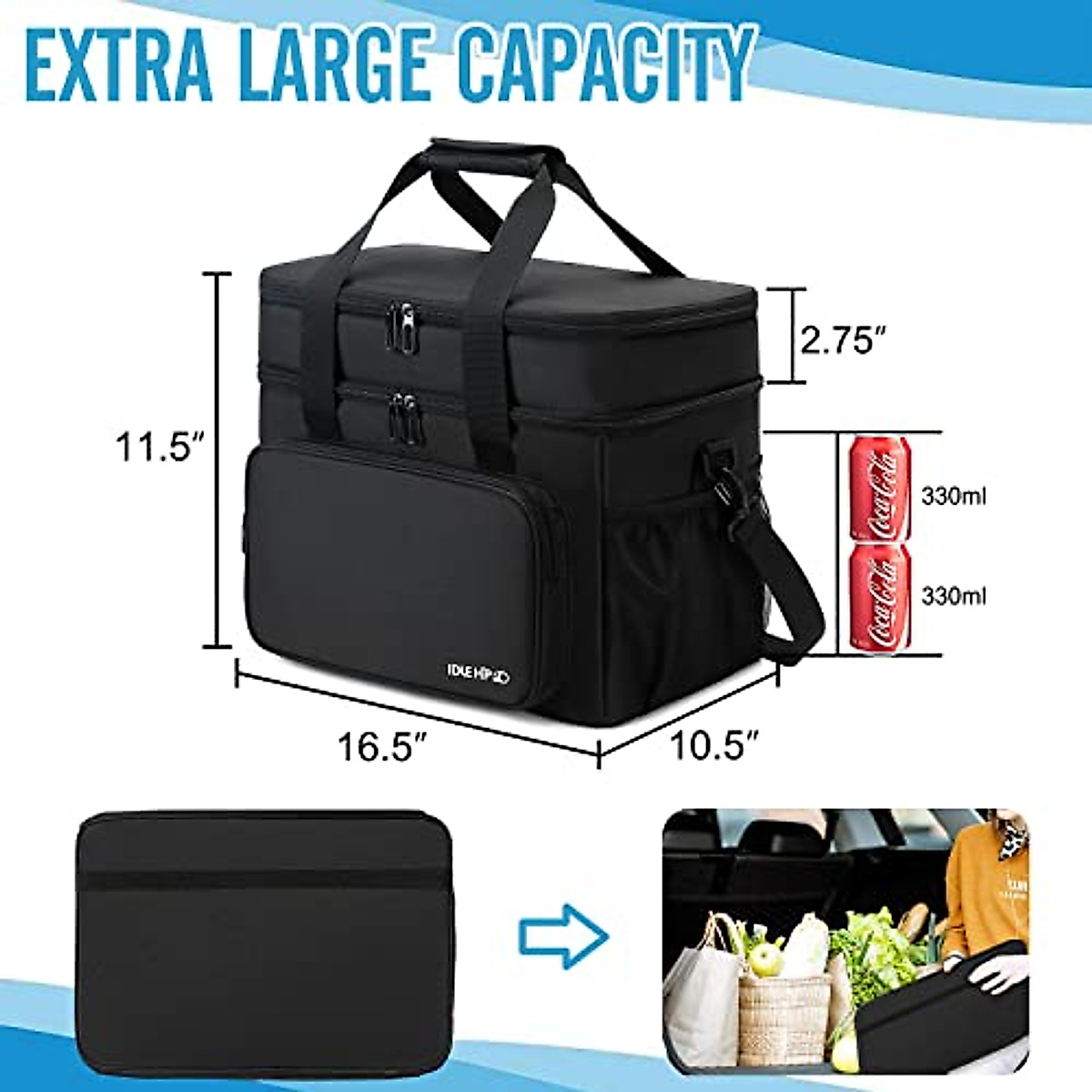 Cooler Bag 60-Can Soft Sided Coolers, Double Deck Insulated Camping Cooler, Leakproof Lunch Cooler, Collapsible Cooler Bag, Portable Large Lunch Bag for Beach, Travel, Camping, Picnic-Black