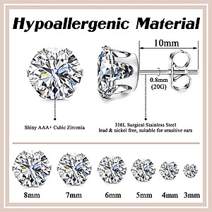 Jstyle Stud Earrings for Women Mens Stainless Steel Earrings, 3-8mm Round Cubic Zirconia Earrings Studs Ear Piercing Jewelry Set